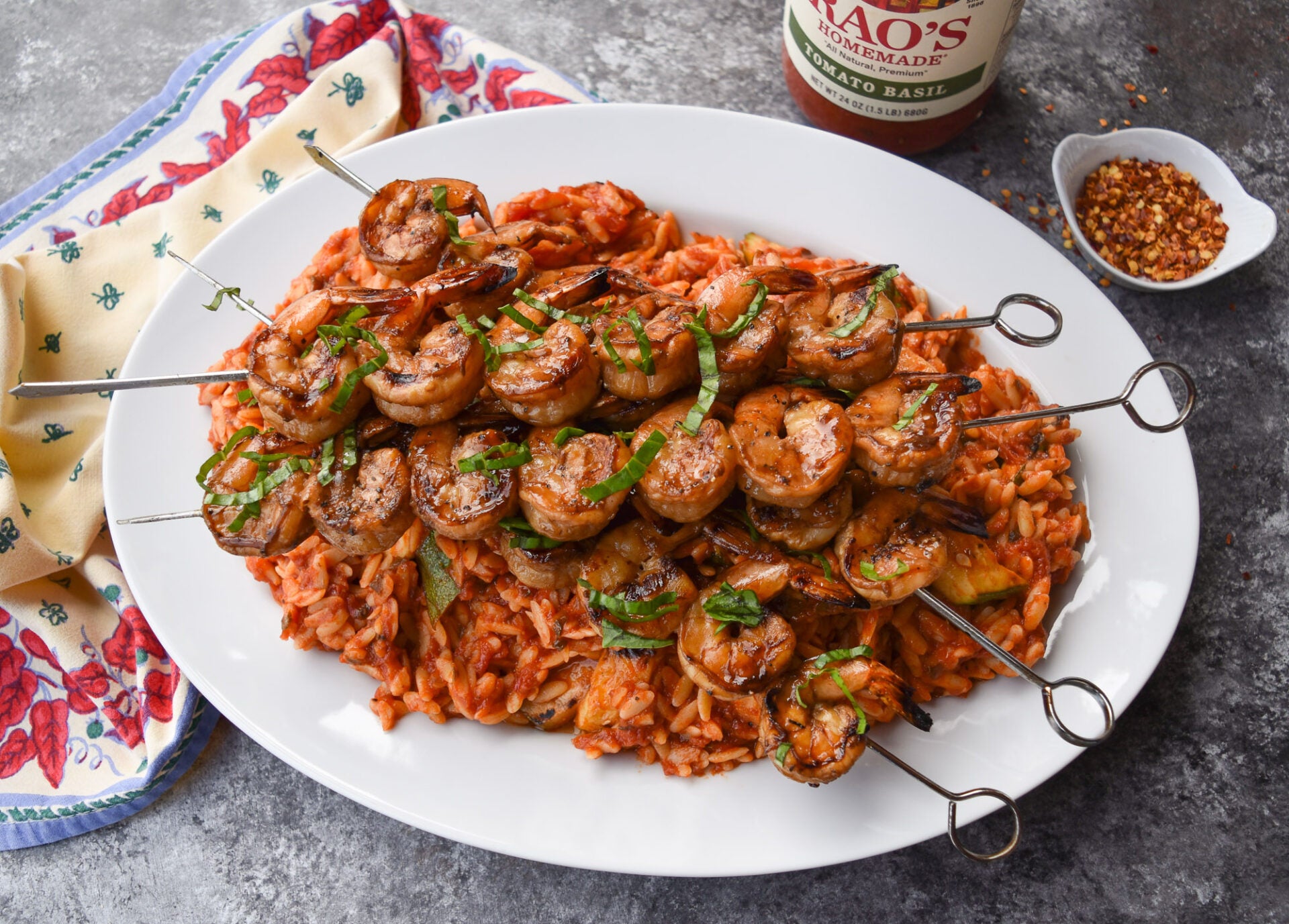 Serena Wolf’s Orzo with Tomato Basil Sauce, Zucchini, and Grilled Shri ...