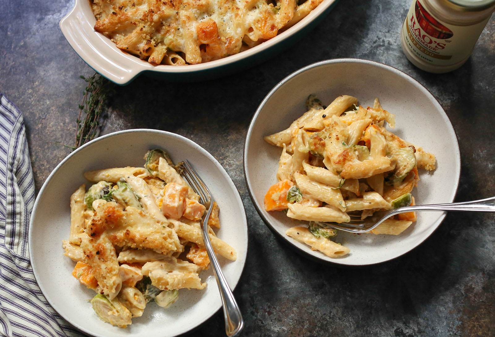Serena Wolf’s Baked Penne Alfredo with Butternut Squash and Brussels S ...